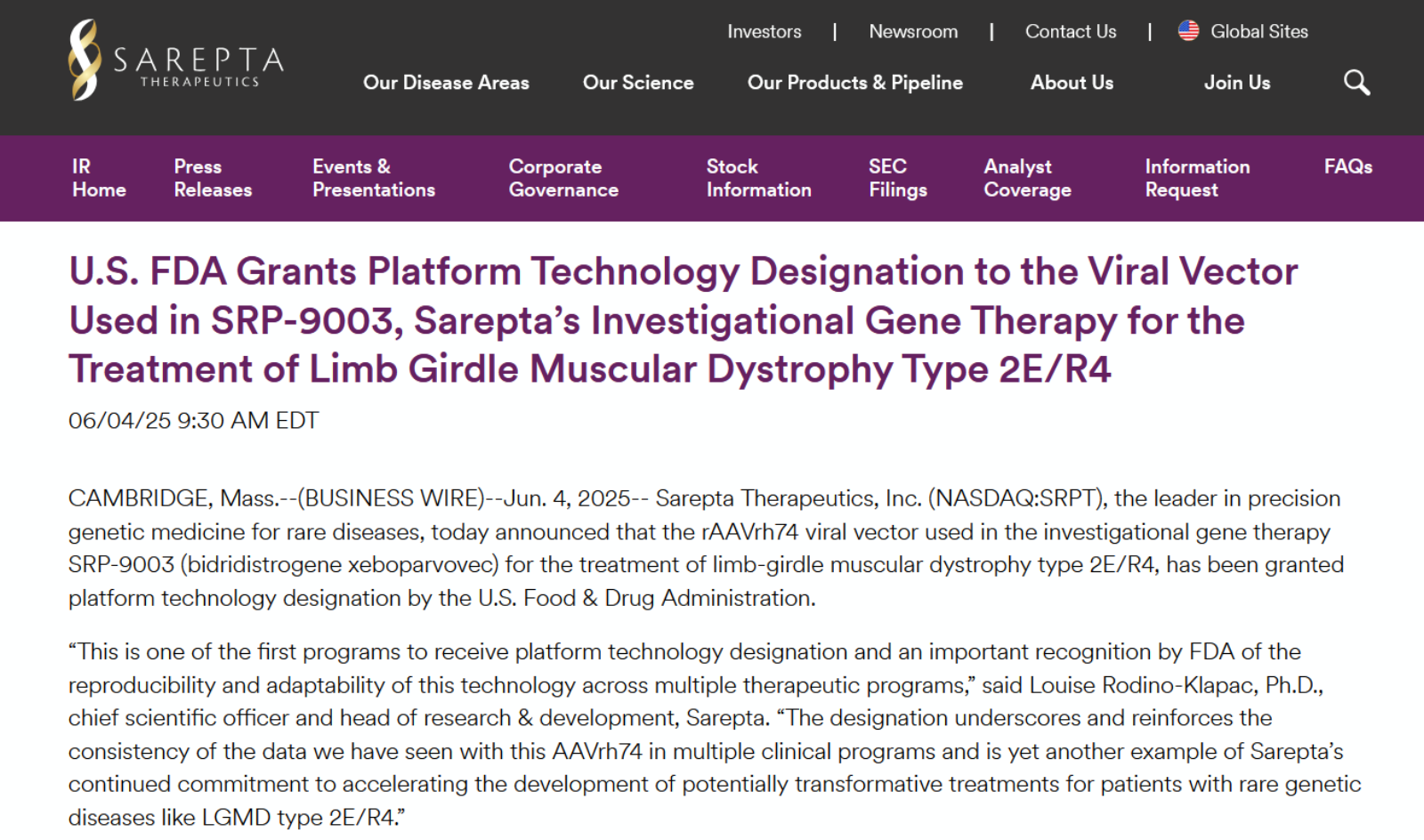 Sarepta Secures First FDA Platform Designation for Gene Therapy Delivery Technology